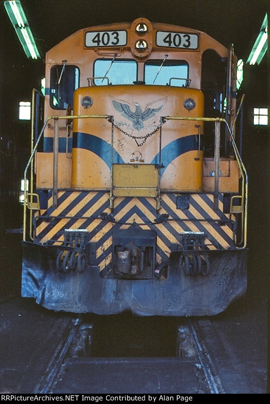 Maine Central U18B 403 rests in the Bangor roundhouse